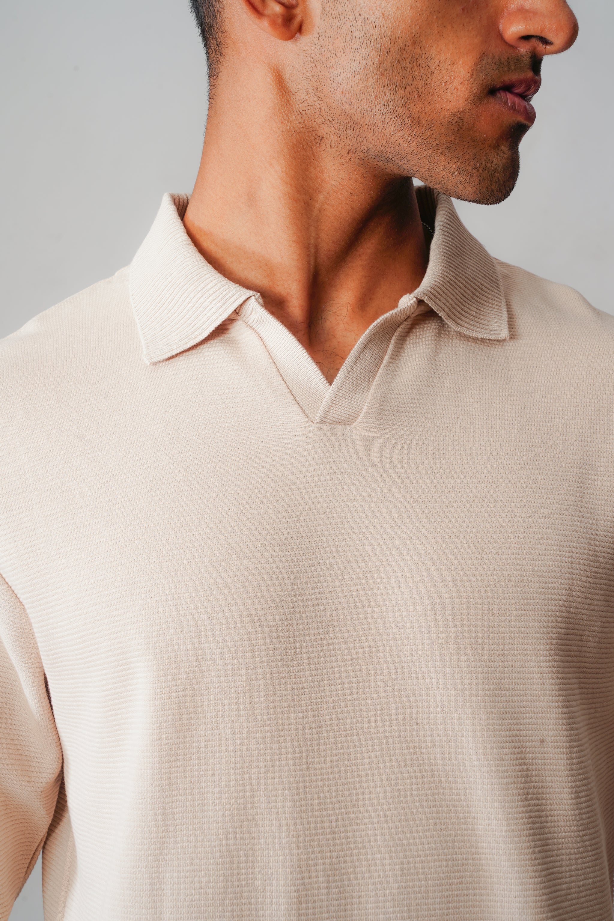 Ottoman Rib Knit Polo in Oatmeal Color