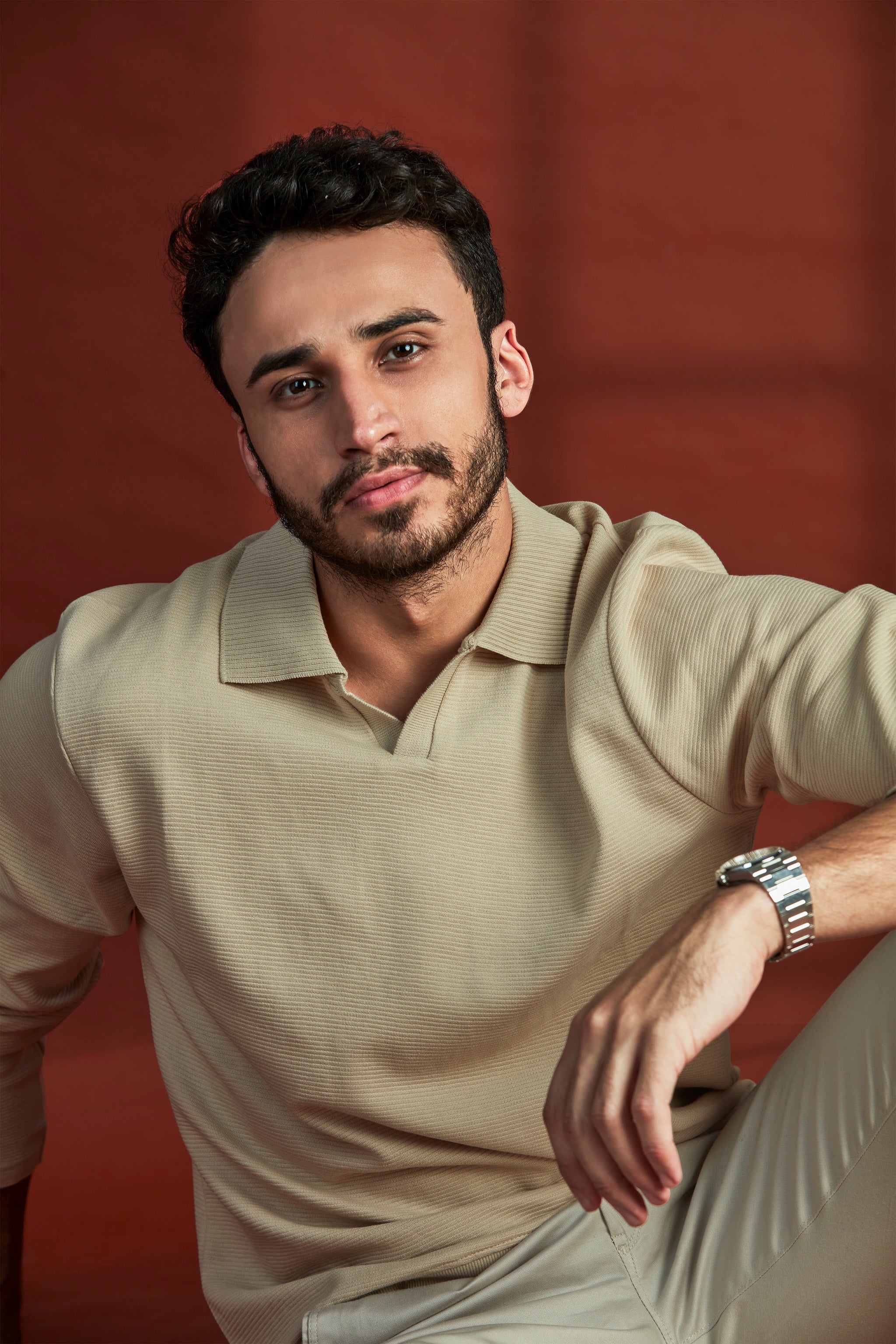 Ottoman Rib Knit Polo in Oatmeal Color