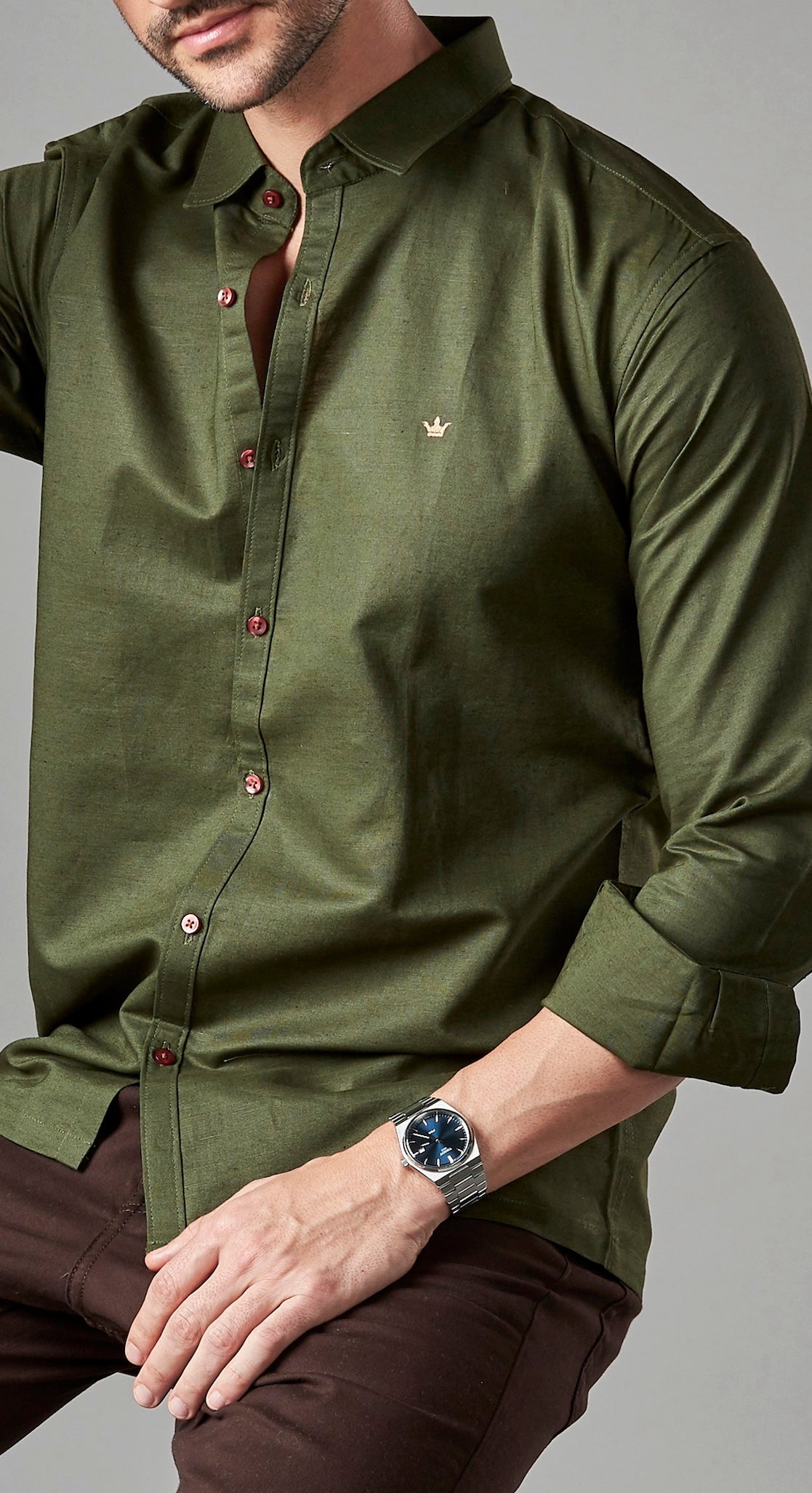 Conquest Olive Green Linen Blend Shirt